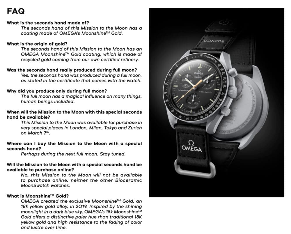 The Swatch x Omega MoonSwatch Moonshine FAQ is not a joke